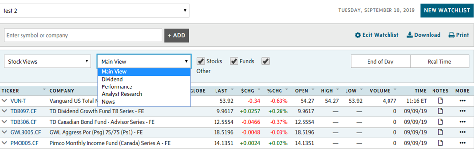 View options in Watchlist