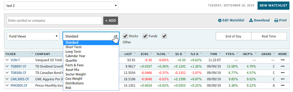 View options in Watchlist