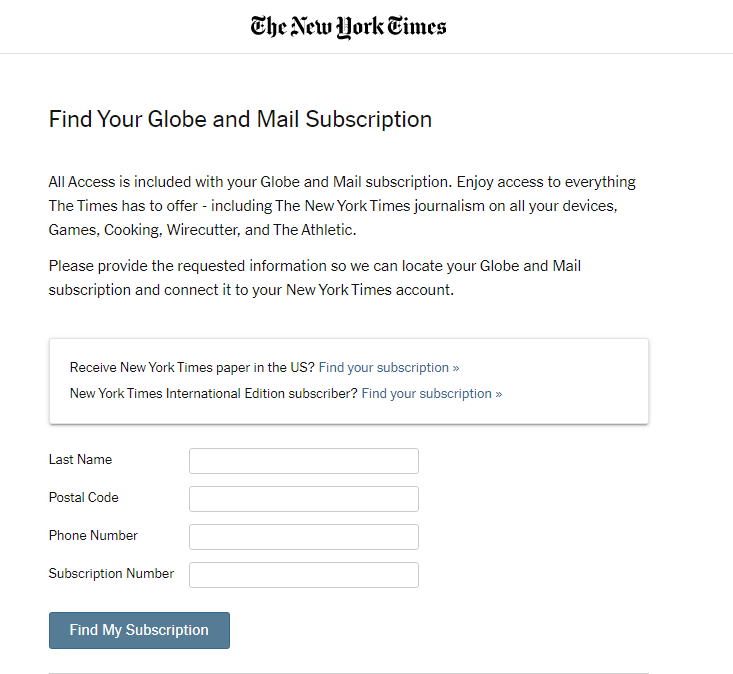 NYT.com digital access for New York Times print subscribers